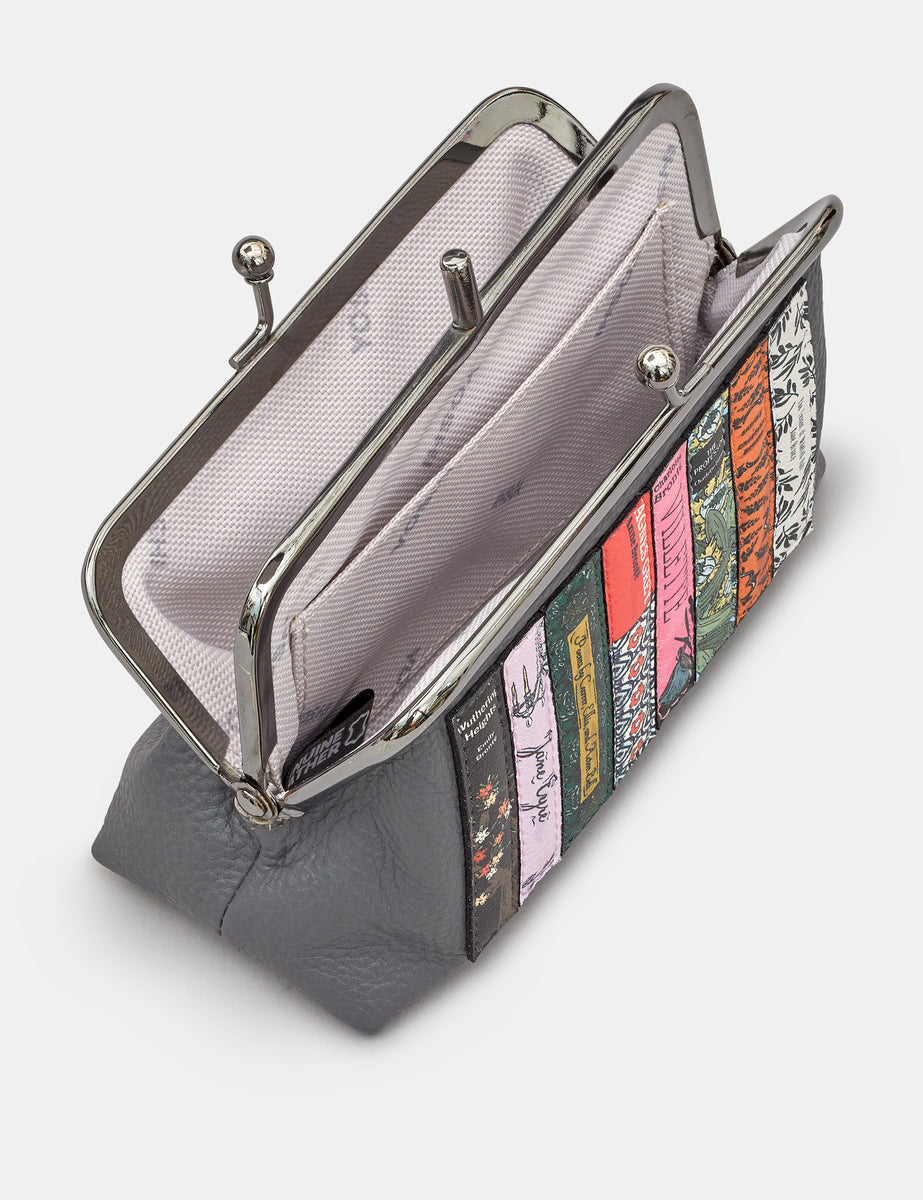 Brontë Bookworm Grey Leather Clip Top Frame Purse By Yoshi