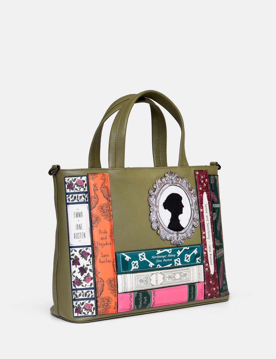 Jane Austen Bookworm Olive Leather Ladies Grab Bag | Handbag Yoshi