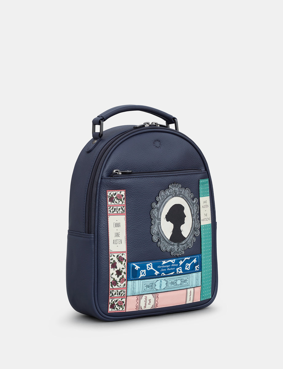 Jane Austen Bookworm Navy Leather Backpack By Yoshi