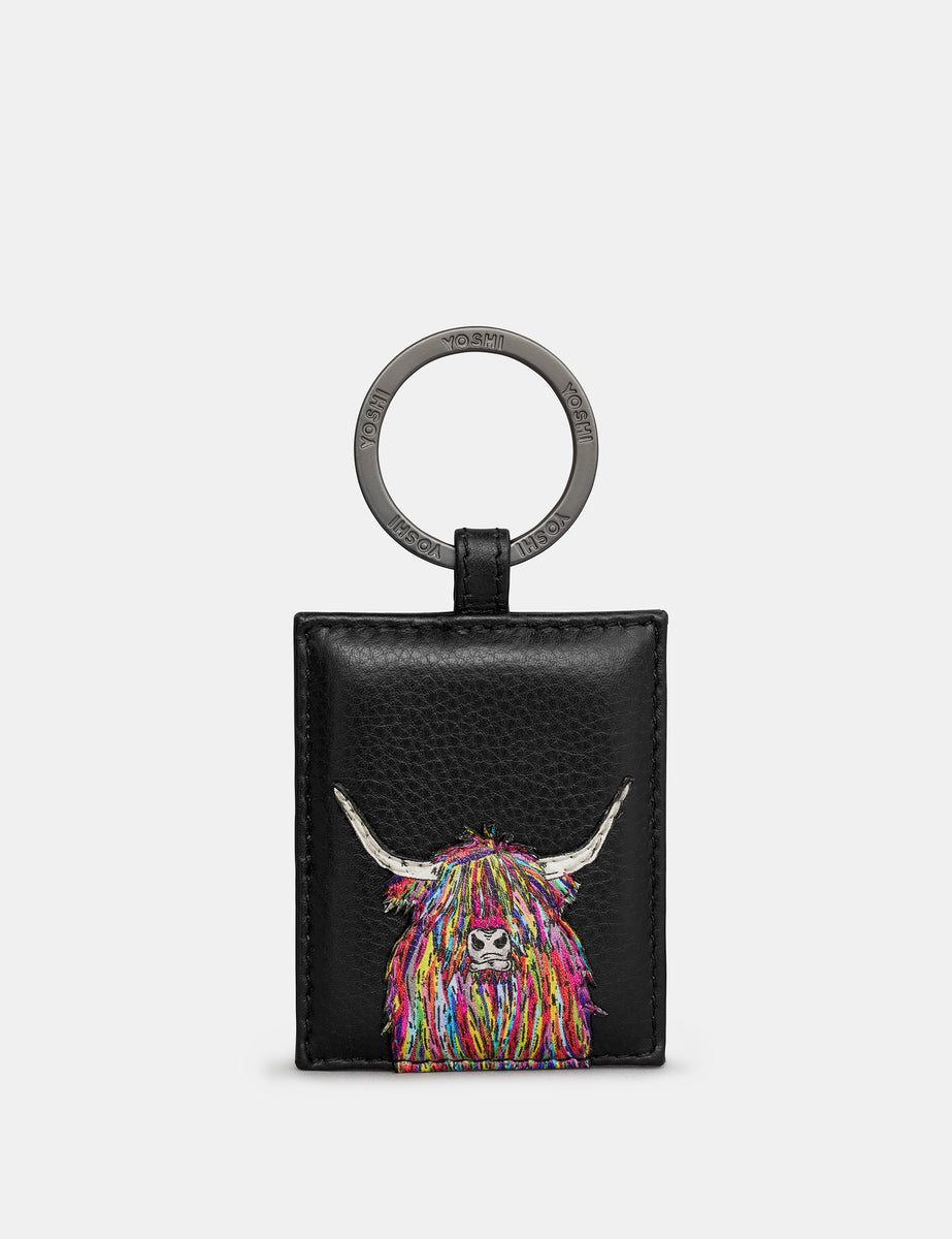 Highland Cow Black Leather Keyring For Men And Women By Yoshi